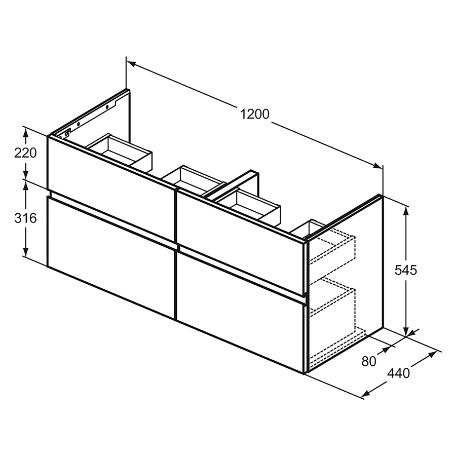 Finesse 120cm x 44cm Wall Mounted Vanity Unit With 4 Drawers | Basin ...