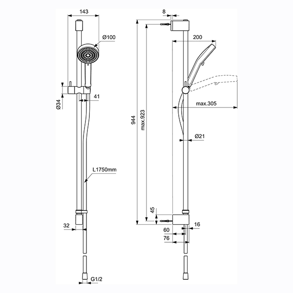 Idealrain Shower Kit With 900mm rail, 1.75m Hose And 2 Function ...